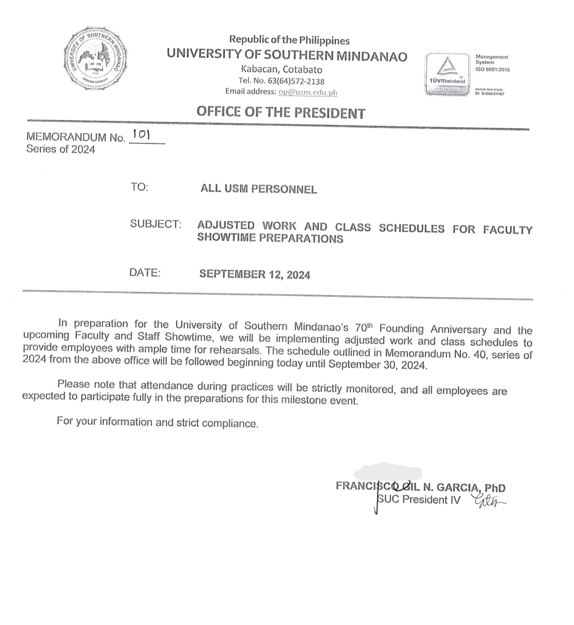 Memorandum No. 101 S. 2024: Adjusted Work and Class Schedules for ...