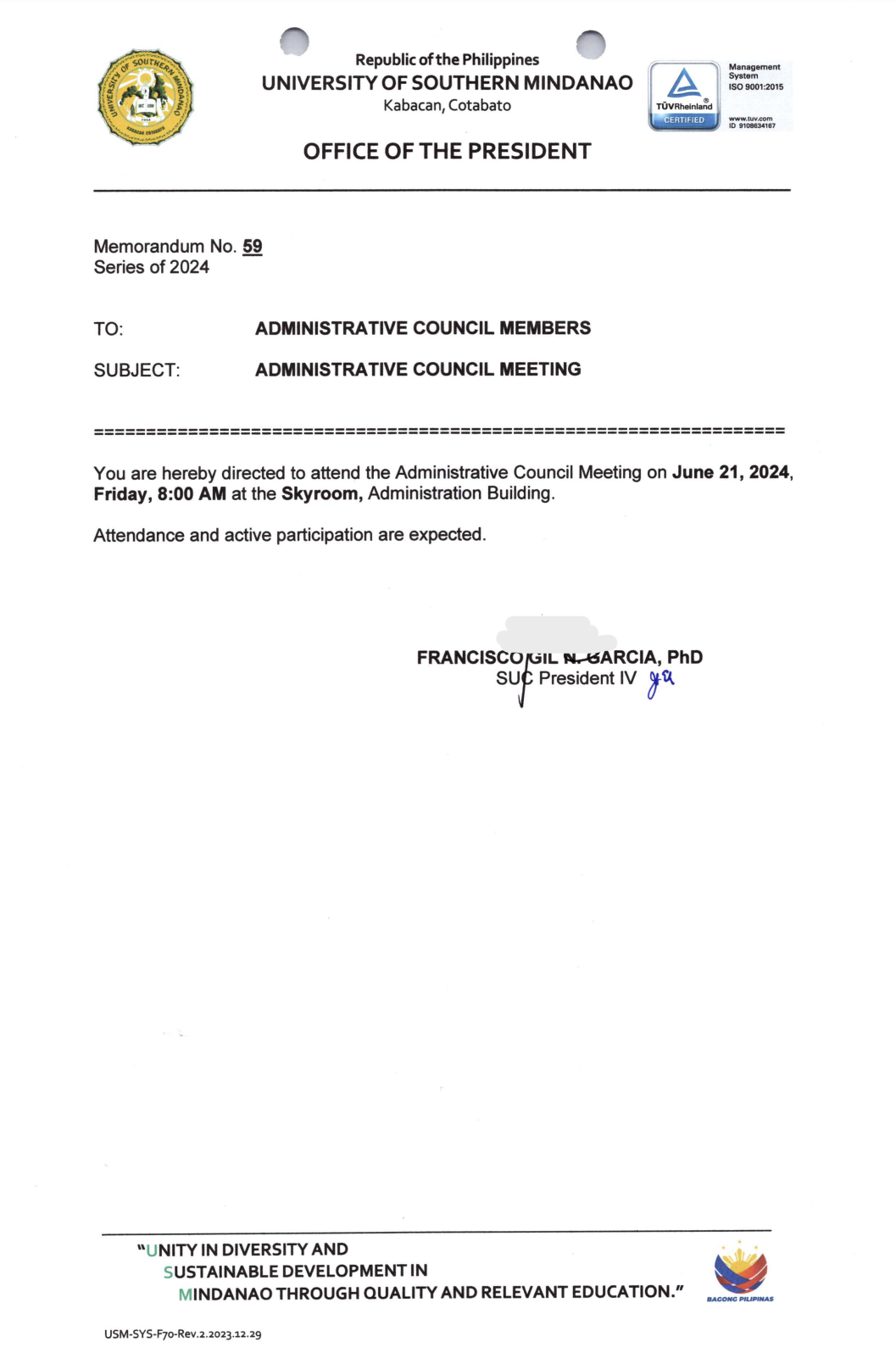 Memorandum No. 59 S. 2024: Administrative Council Meeting – University ...