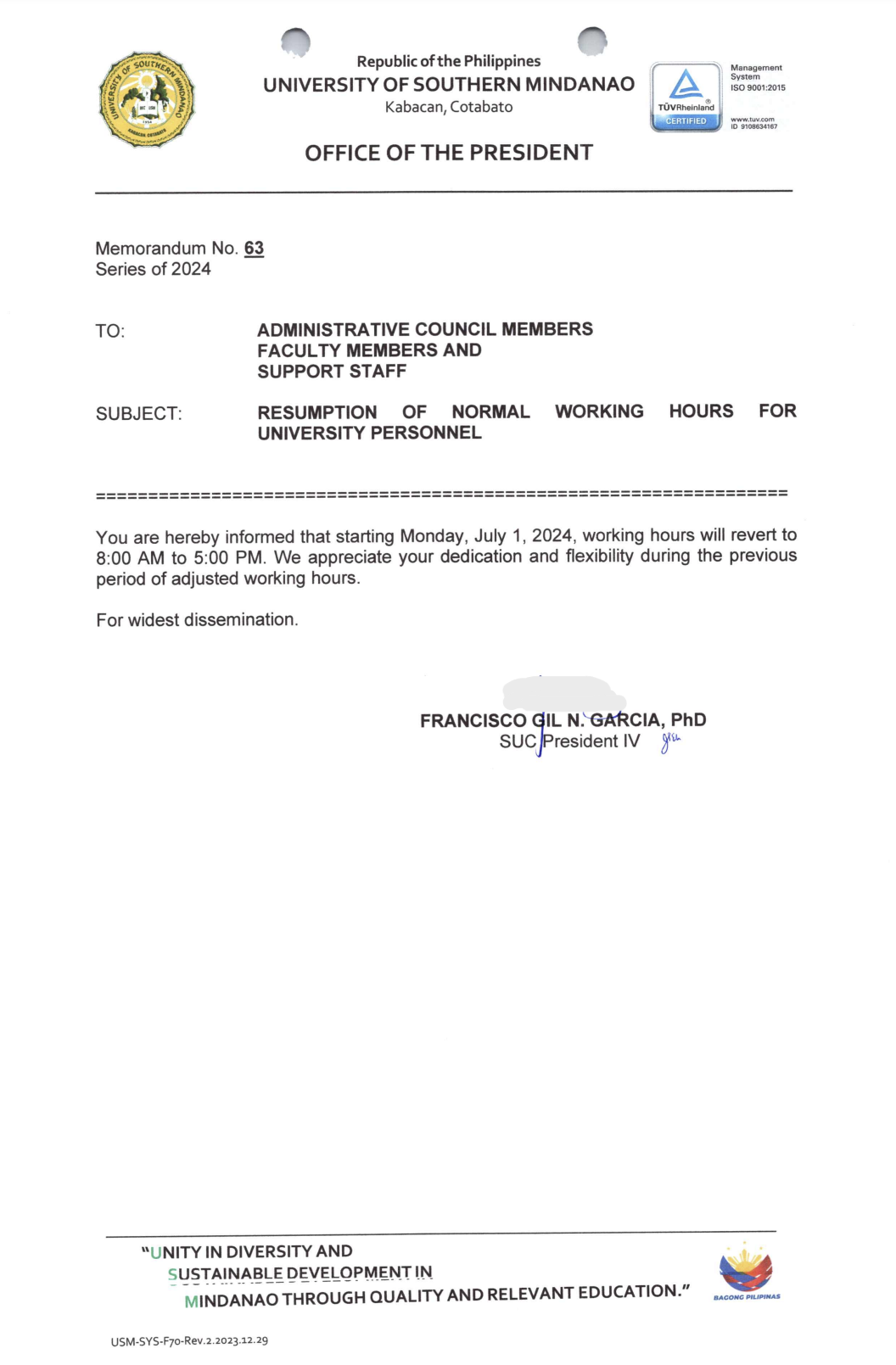 Memorandum No. 63 S. 2024: Resumption of Normal Working Hours for ...