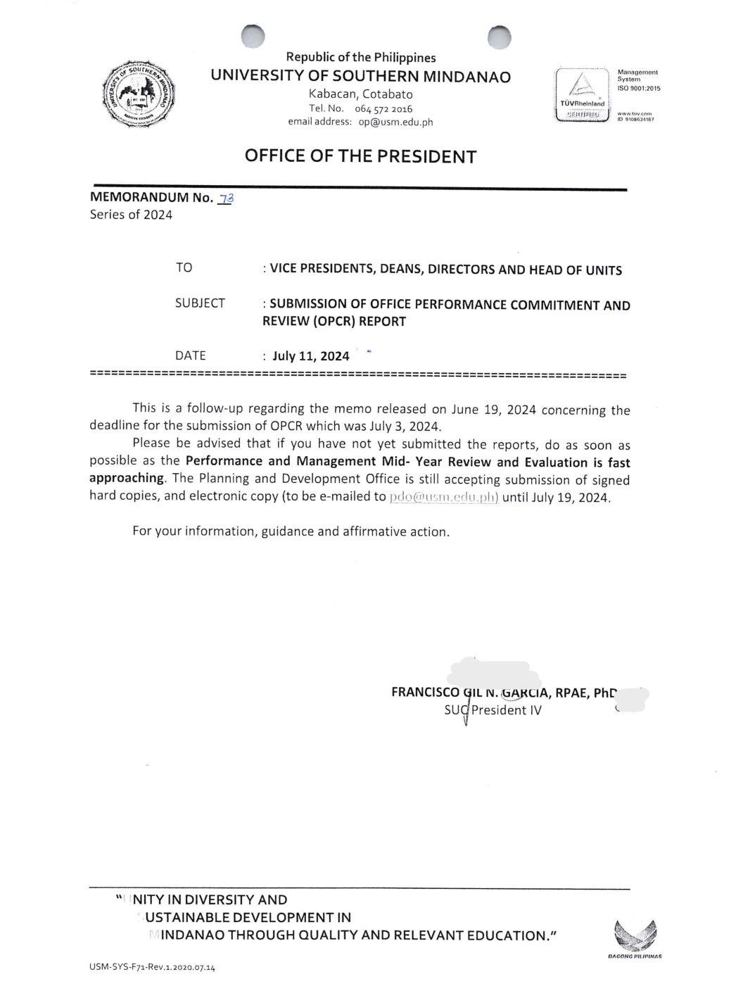 Memorandum No. 73 S. 2024: Submission of Office Performance Commitment ...