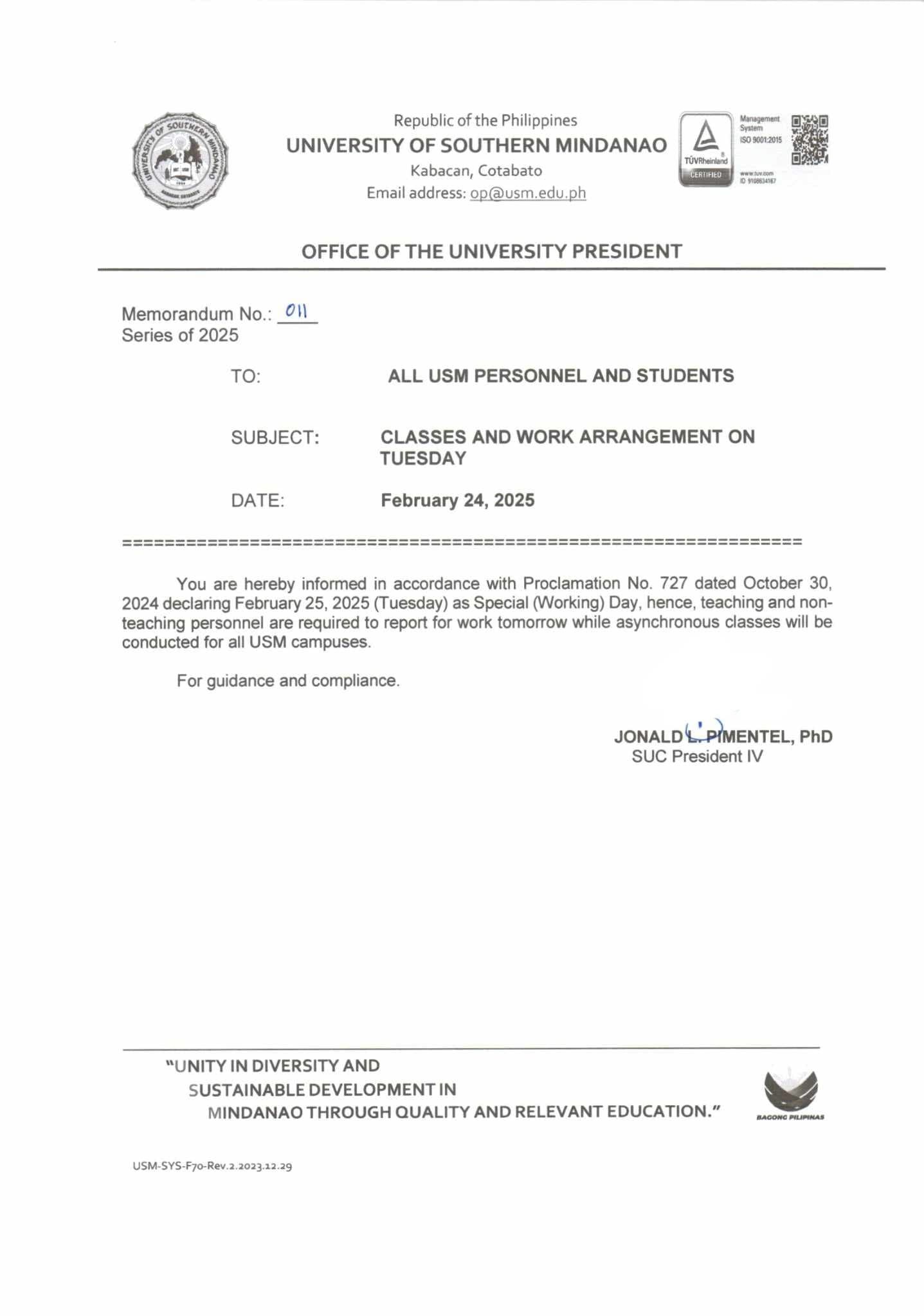 Memorandum No. 011 S. 2025: Classes and Work Arrangement on Tuesday ...
