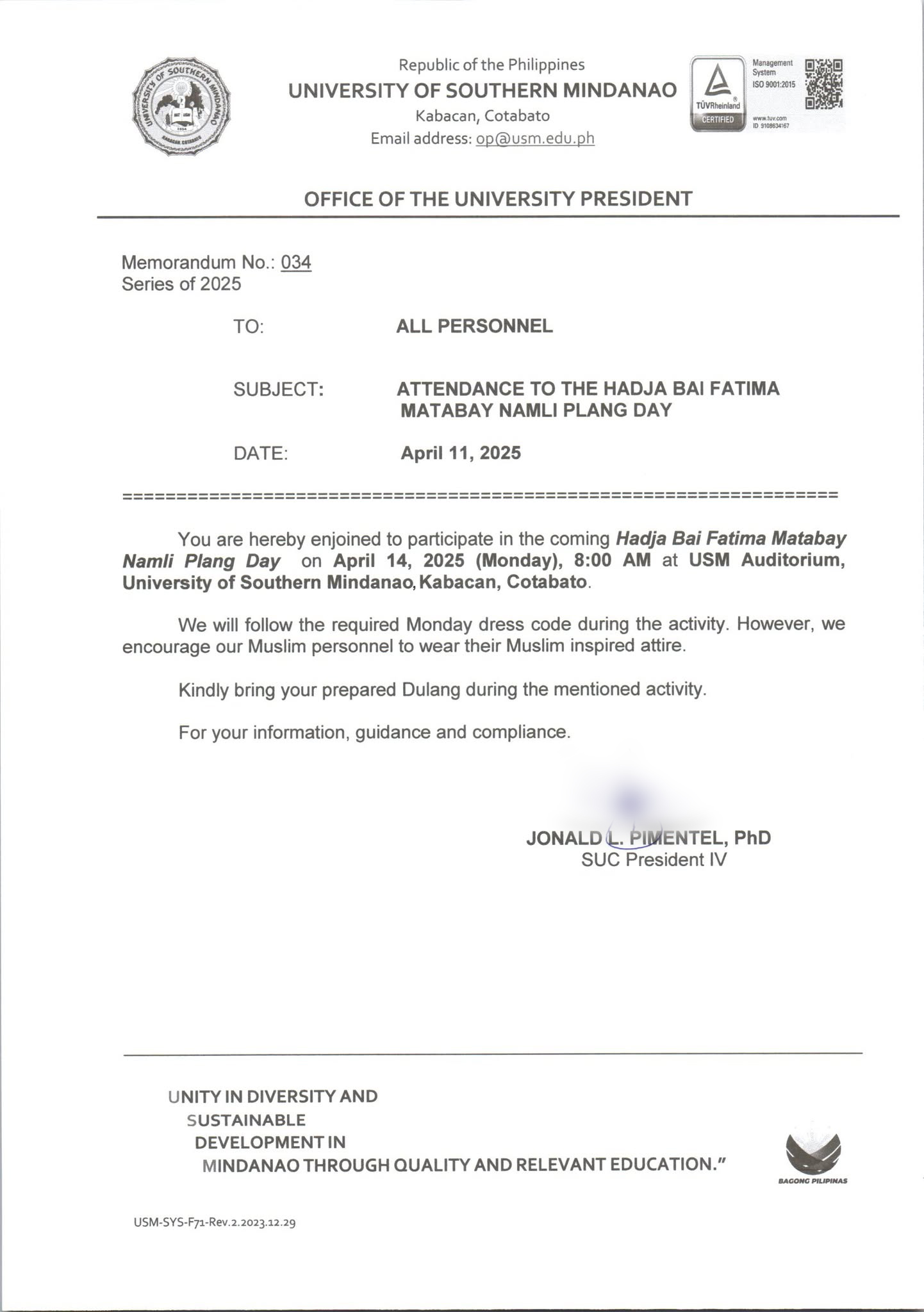 Memorandum No. 034 S. 2025: ATTENDANCE TO THE HADJA BAI FATIMA MATABAY ...